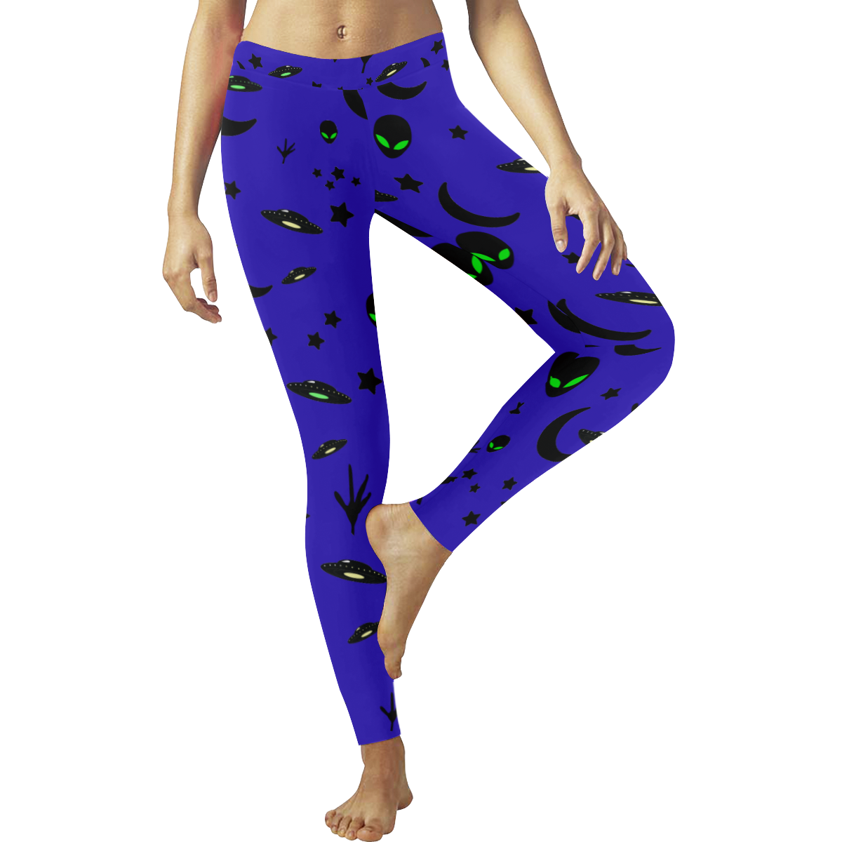 Alien Flying Saucers Stars Pattern on Blue Women's Low Rise Leggings ...