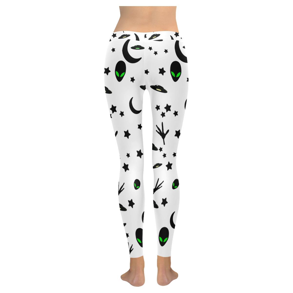 Alien Flying Saucers Stars Pattern on White Women's Low Rise Leggings ...