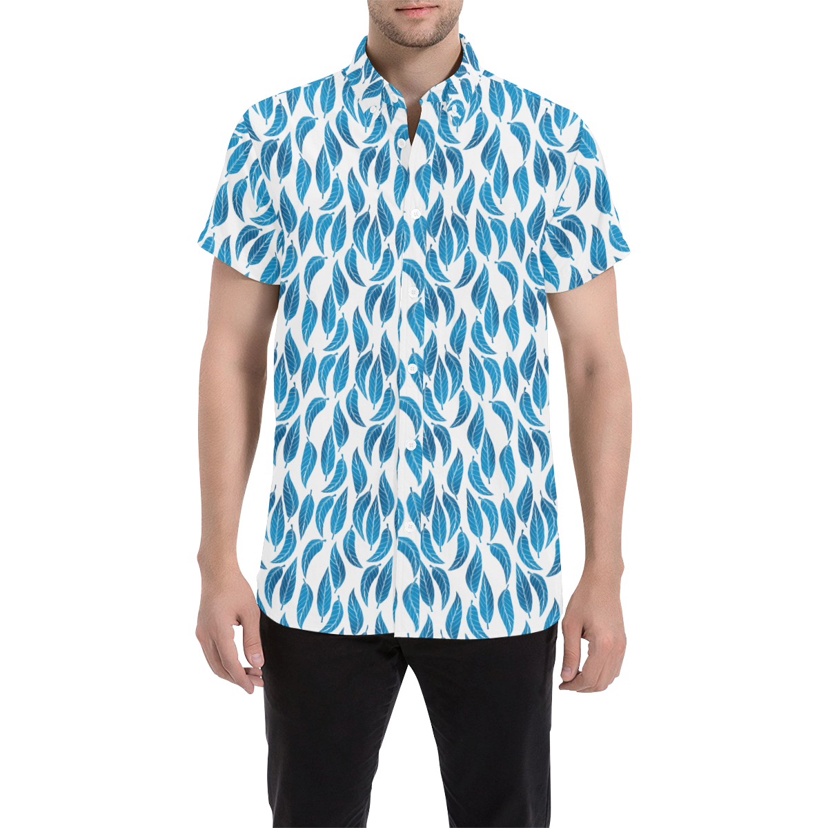 Classic Blue Leaves Pattern on White Men's All Over Print Short Sleeve ...