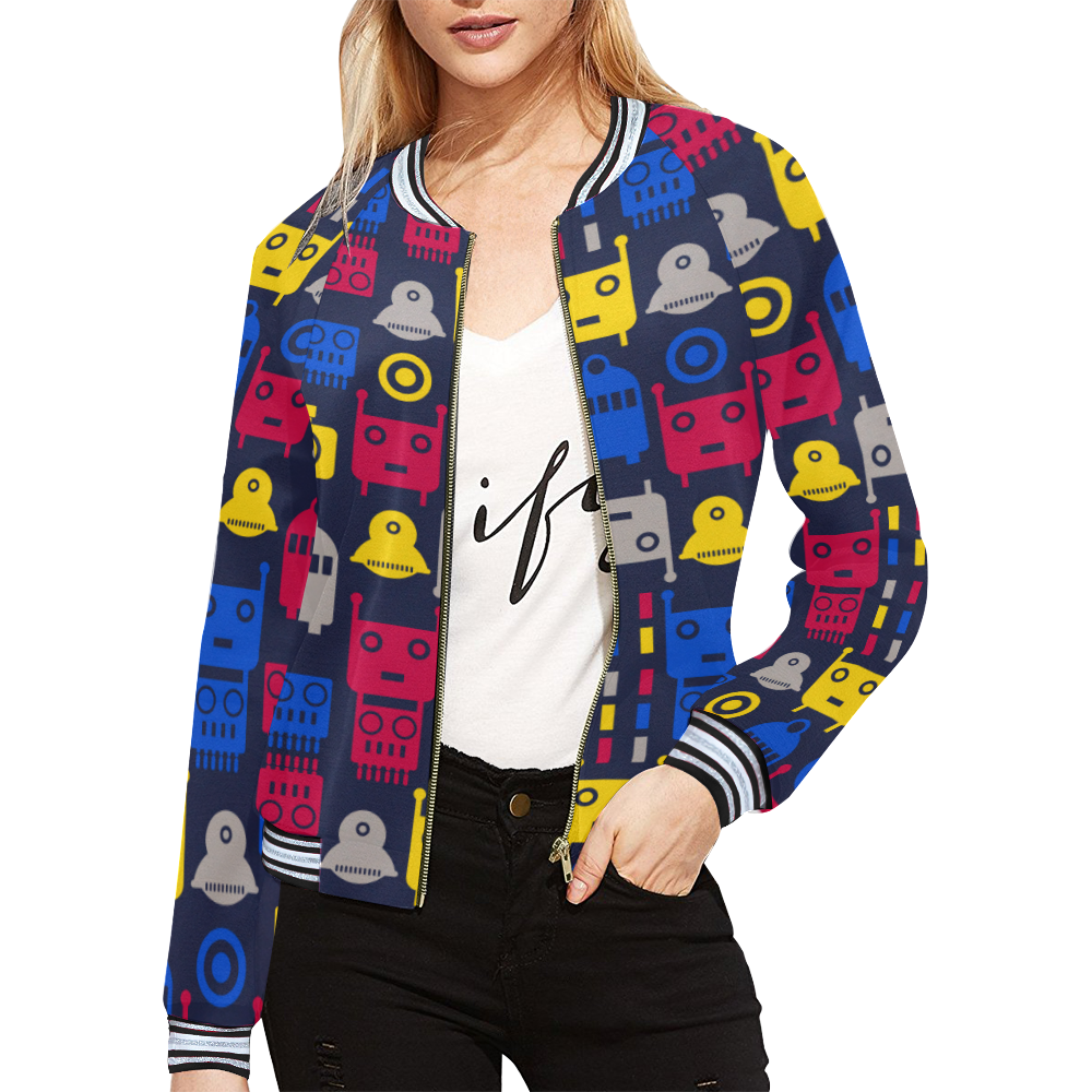 Cartoon Robots All Over Print Bomber Jacket for Women (Model H21) | ID ...