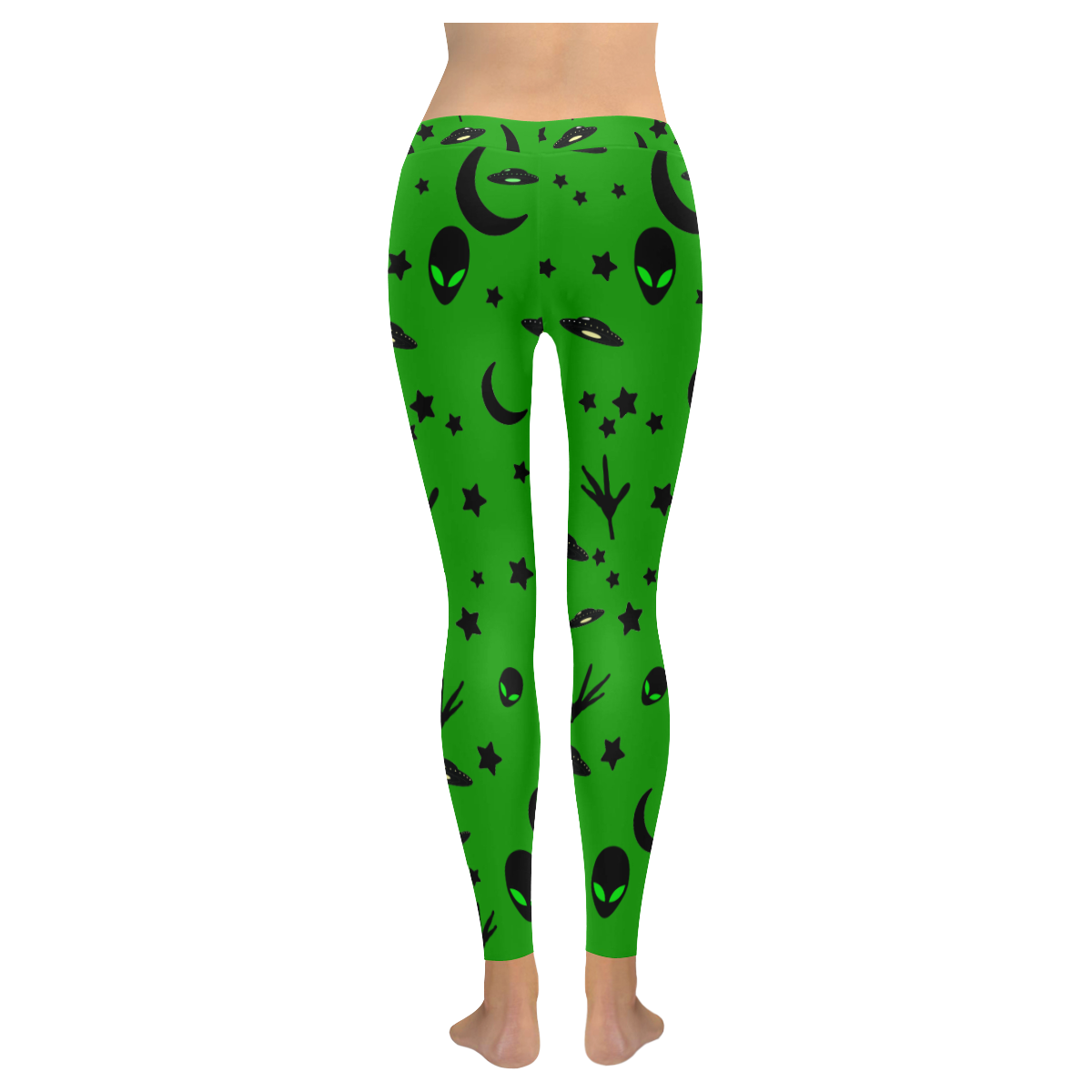 Alien Flying Saucers Stars Pattern on Green Women's Low Rise Leggings ...