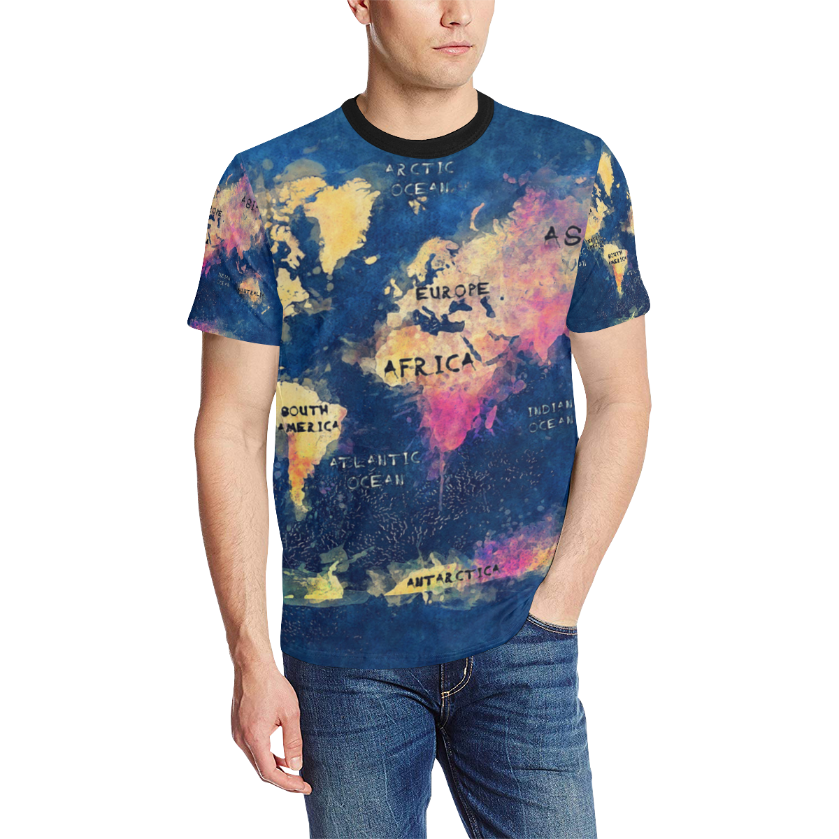 world map #map #worldmap Men's All Over Print T-Shirt (Solid Color Neck ...