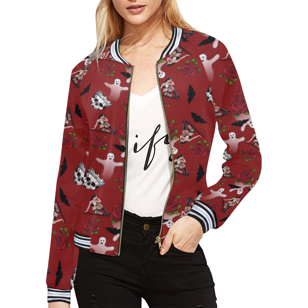 gothic woman rose bats pattern red All Over Print Bomber Jacket for ...