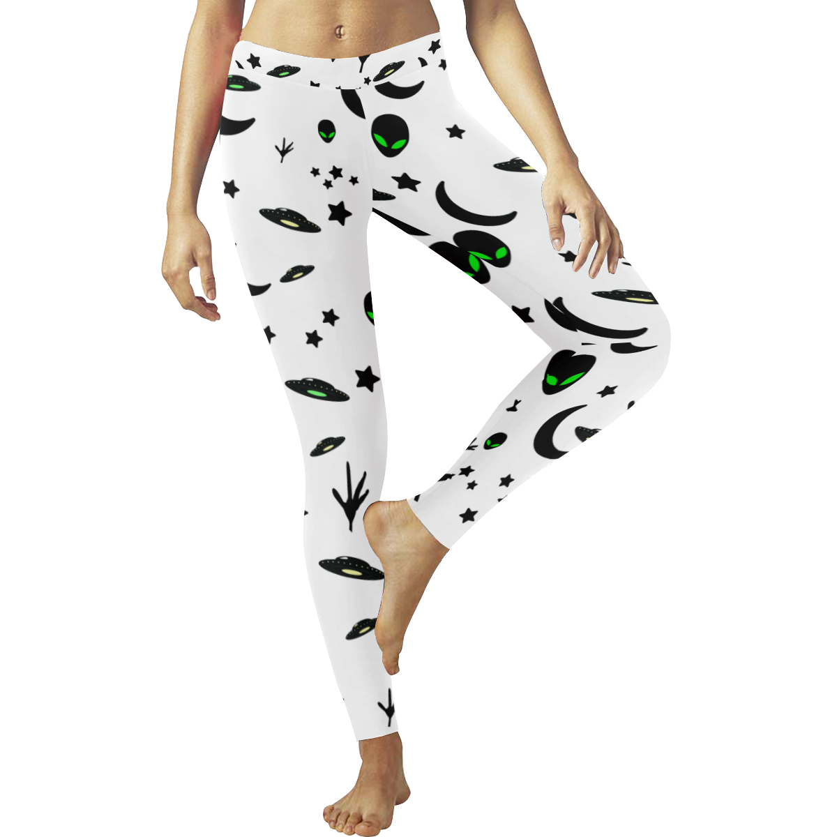 Alien Flying Saucers Stars Pattern on White Women's Low Rise Leggings ...