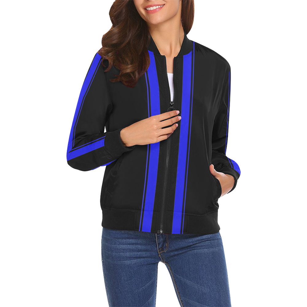 Blue Race Car Stripes Black Side Center All Over Print Bomber Jacket ...
