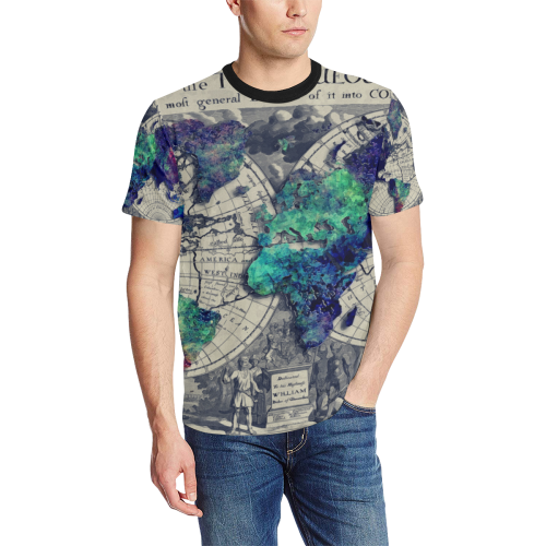 world map #map #worldmap Men's All Over Print T-Shirt (Solid Color Neck ...