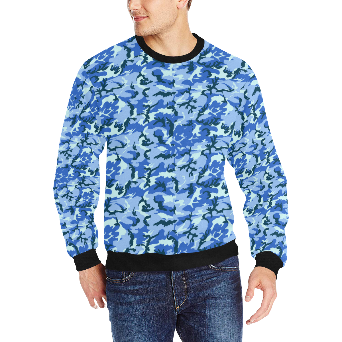 Woodland Blue Camouflage Men's Rib Cuff Crew Neck Sweatshirt (Model H34 ...