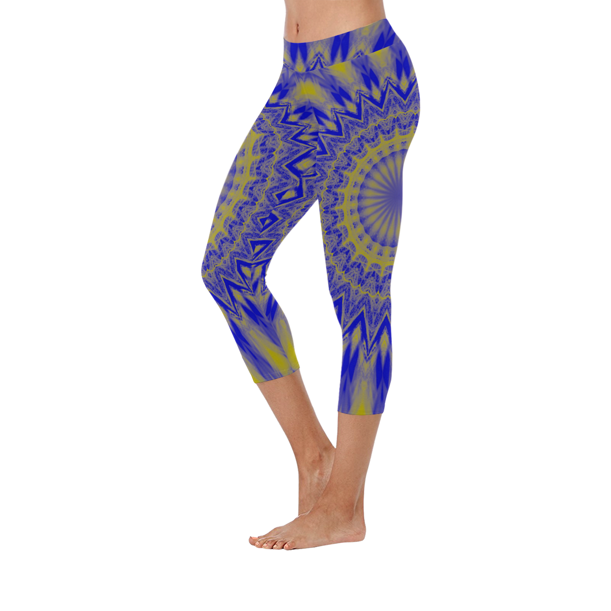 Blue and Gold mandala Women's Low Rise Capri Leggings (Invisible Stitch ...