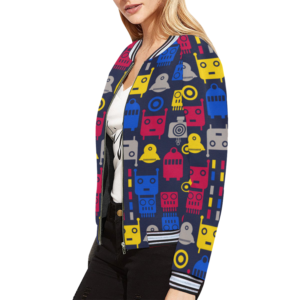 Cartoon Robots All Over Print Bomber Jacket for Women (Model H21) | ID ...