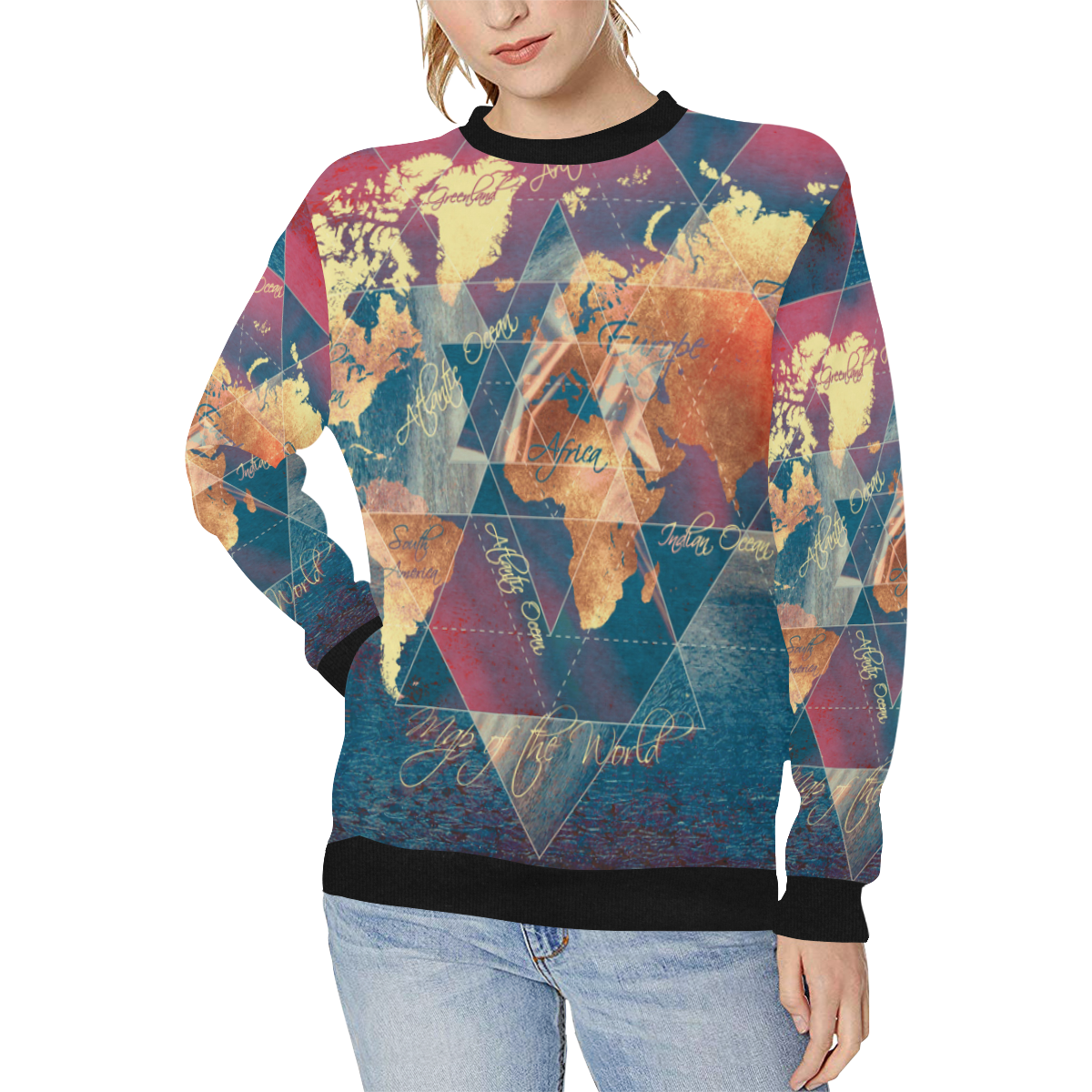 world map #map #worldmap Women's Rib Cuff Crew Neck Sweatshirt (Model ...