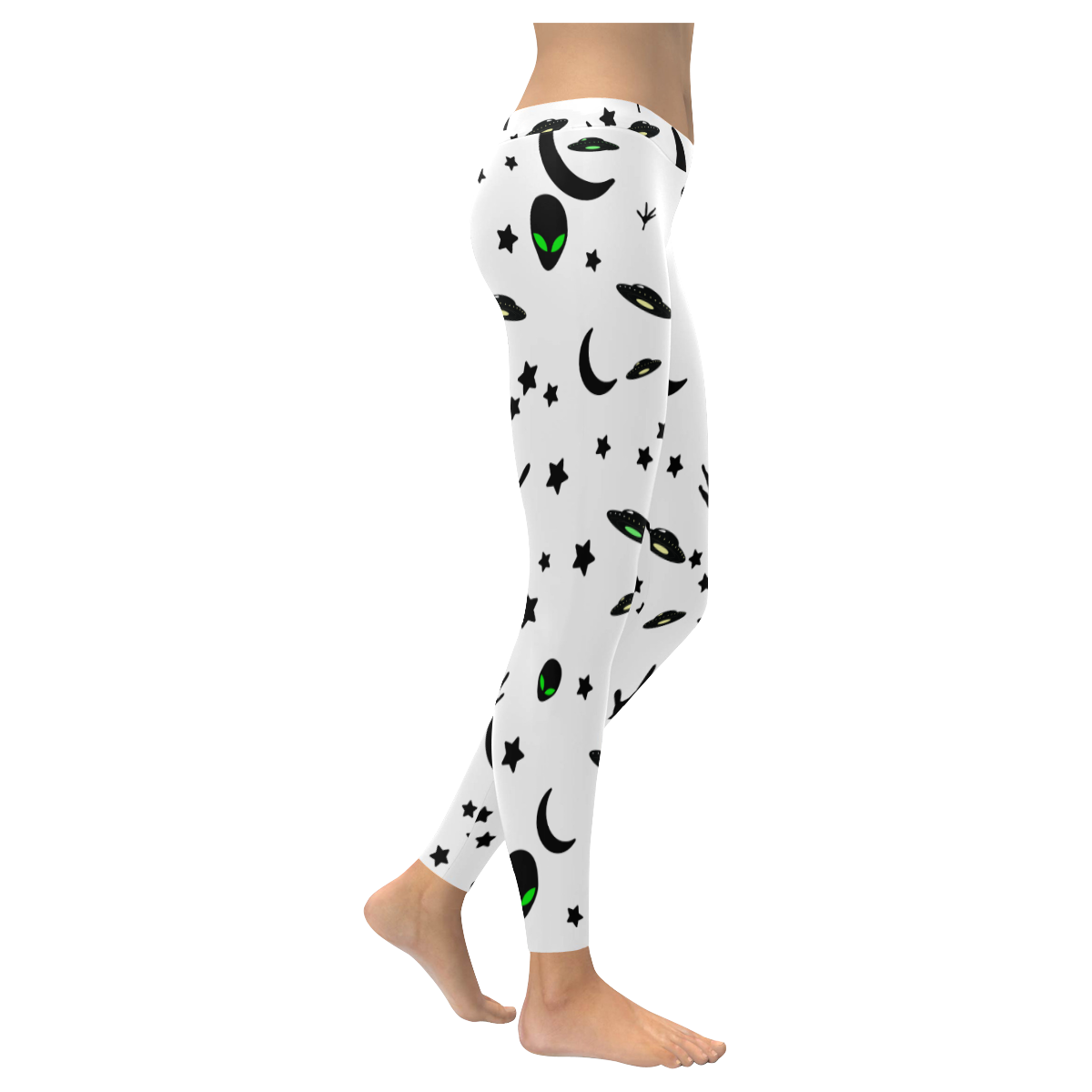 Alien Flying Saucers Stars Pattern on White Women's Low Rise Leggings ...