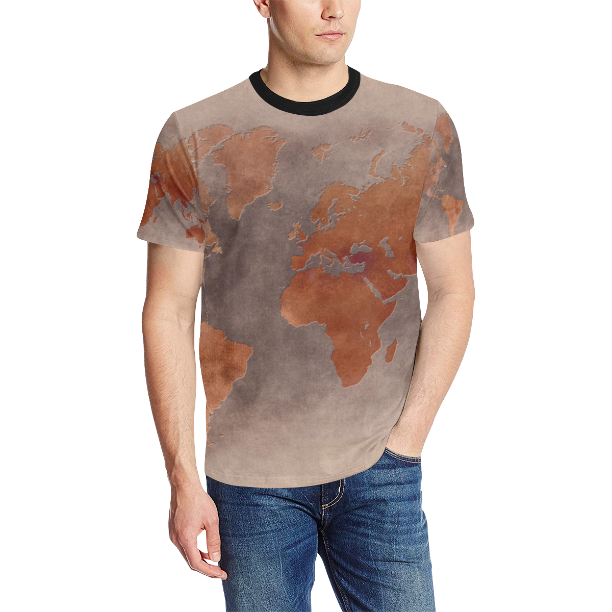 world map #map #worldmap Men's All Over Print T-Shirt (Solid Color Neck ...