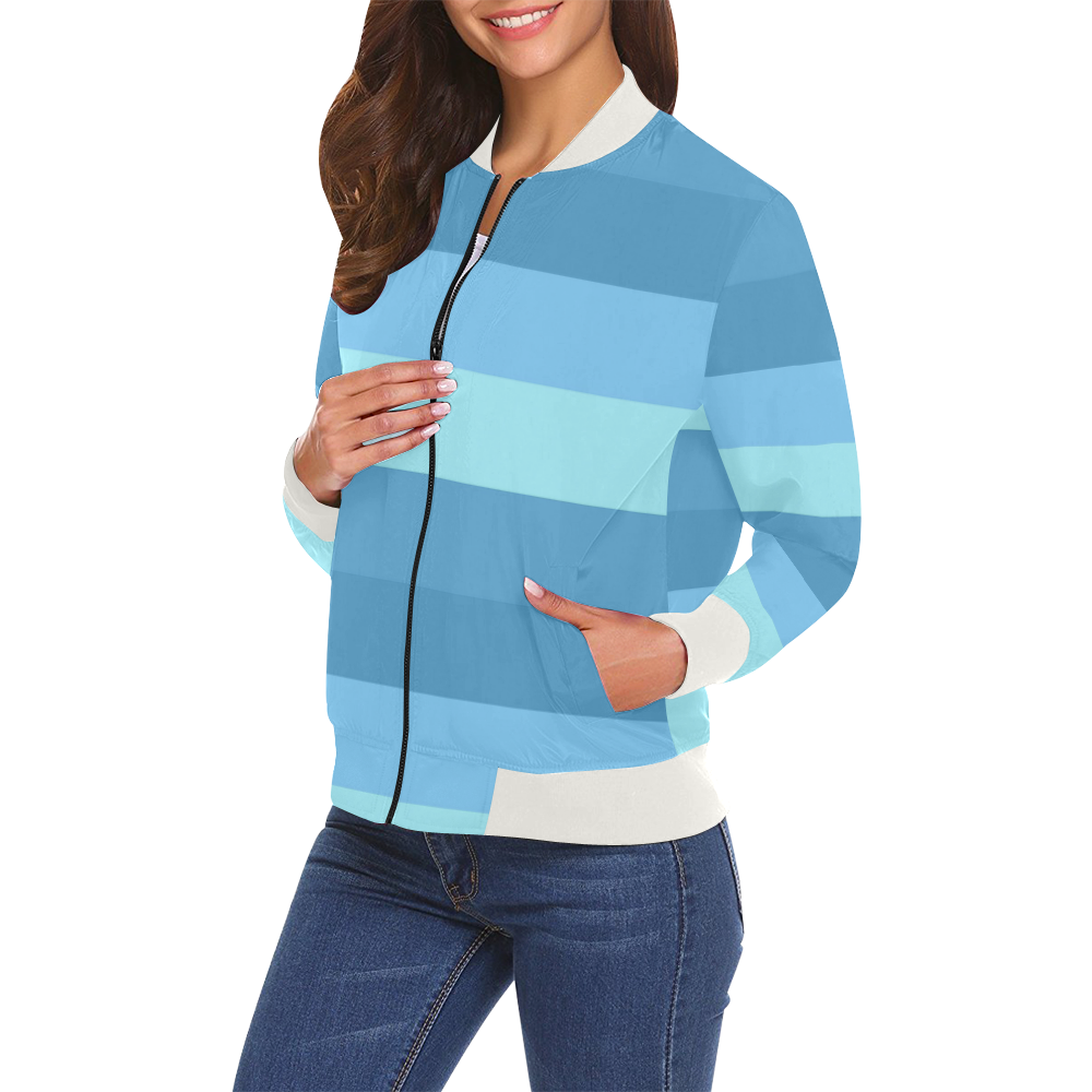 Shades Of Blue Stripes All Over Print Bomber Jacket for Women (Model ...