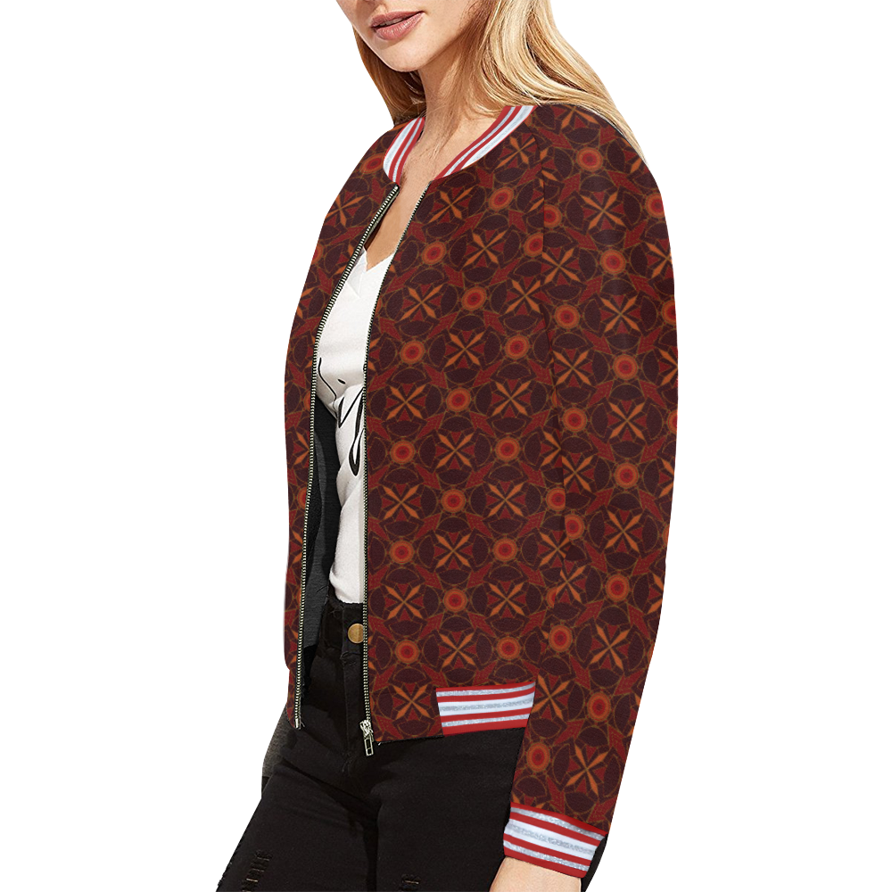 Brown Geometric Pattern All Over Print Bomber Jacket for Women (Model ...