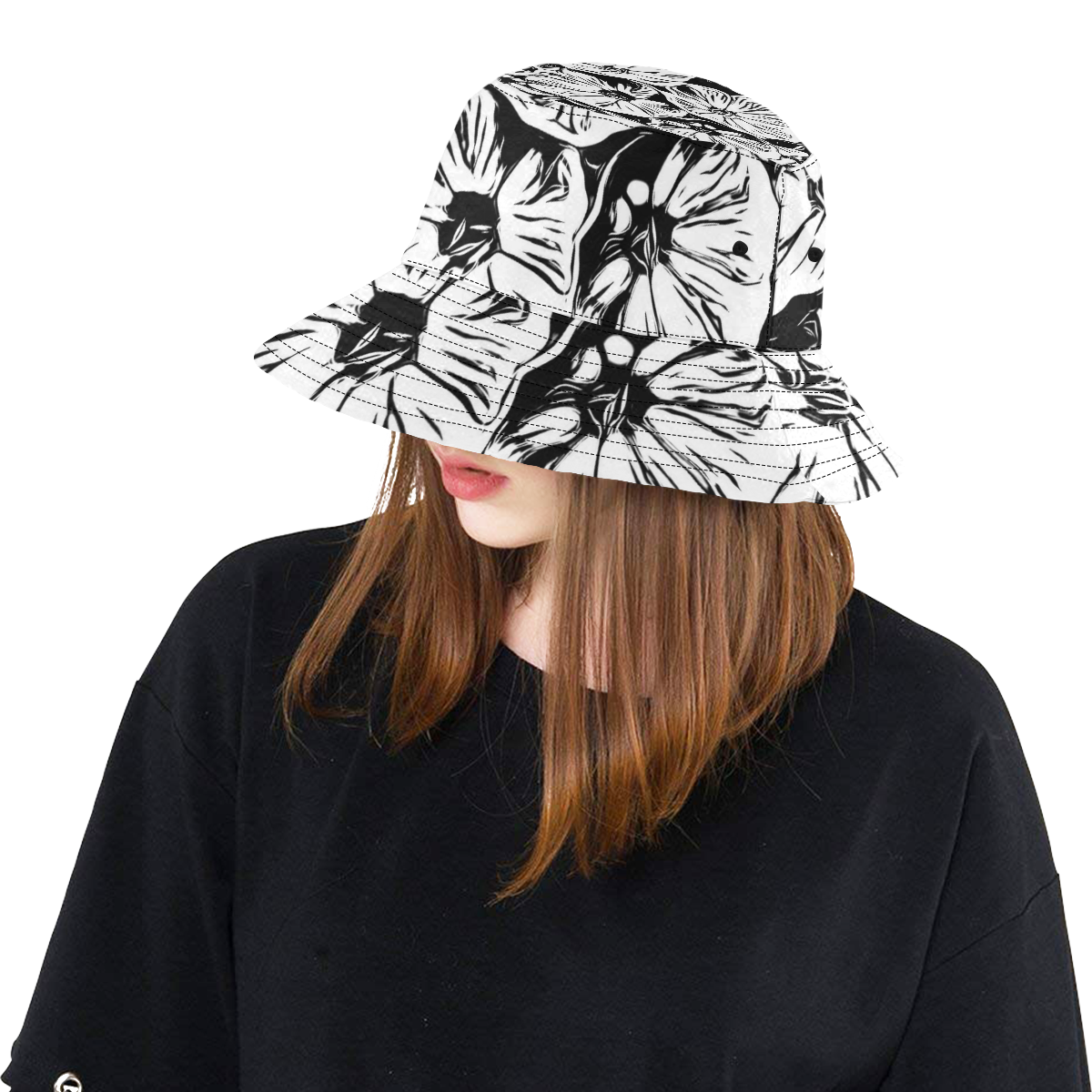 Inky Black and White Floral 3 by JamColors All Over Print Bucket Hat ...