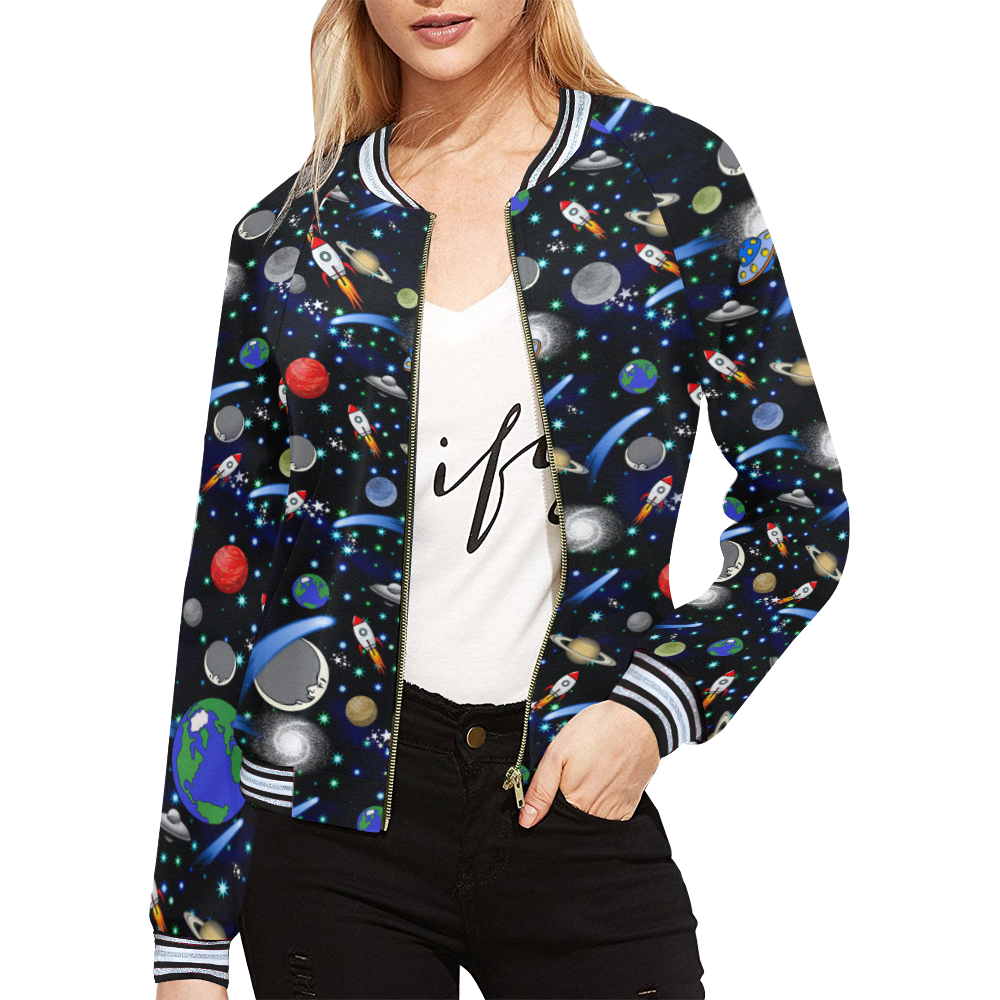 Galaxy Universe - Planets, Stars, Comets, Rockets All Over Print Bomber ...