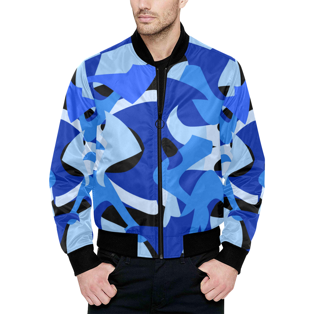 Camouflage Abstract Blue and Black All Over Print Quilted Bomber Jacket ...