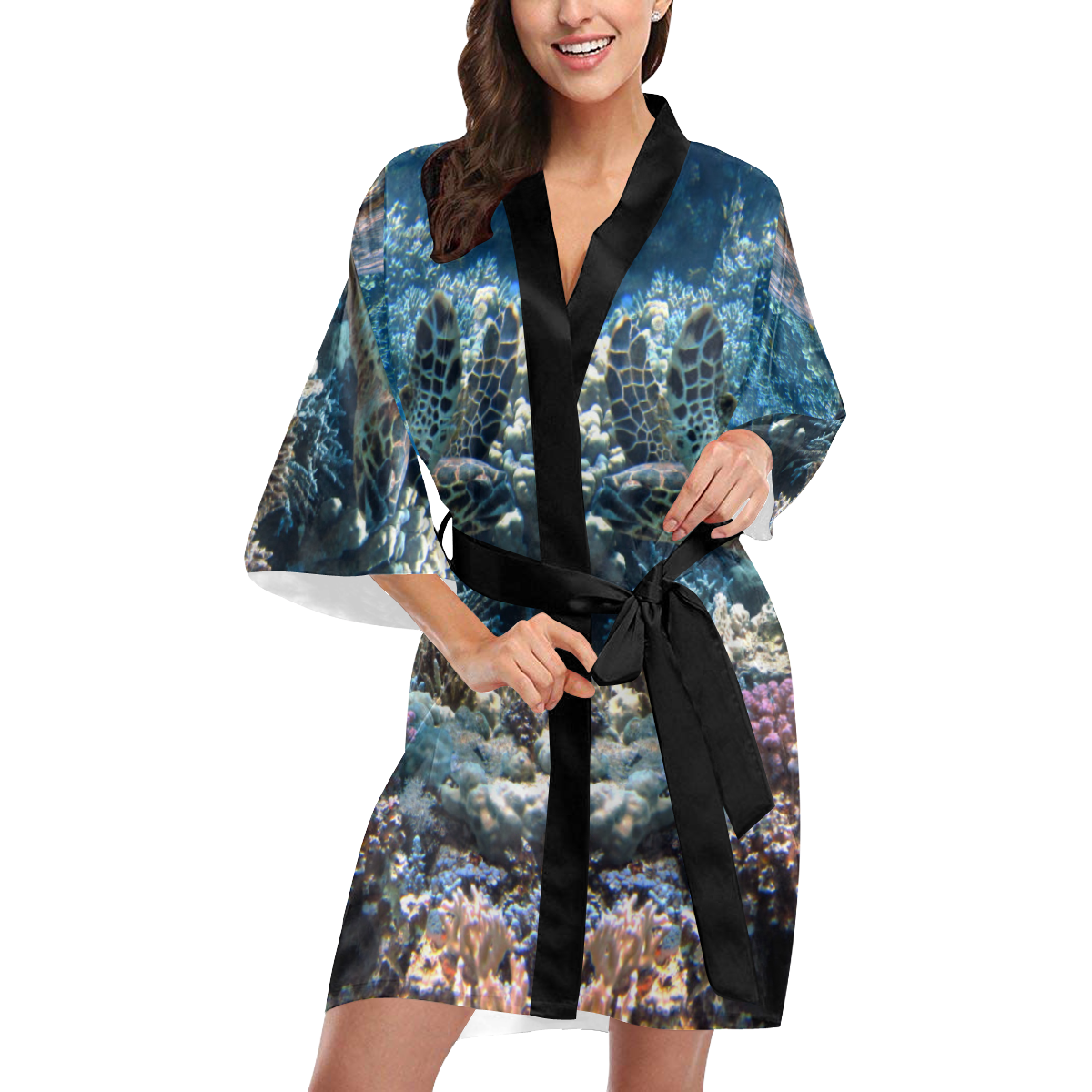 Under The Water - Corals And Sea Turtle Kimono Robe | ID: D3564354