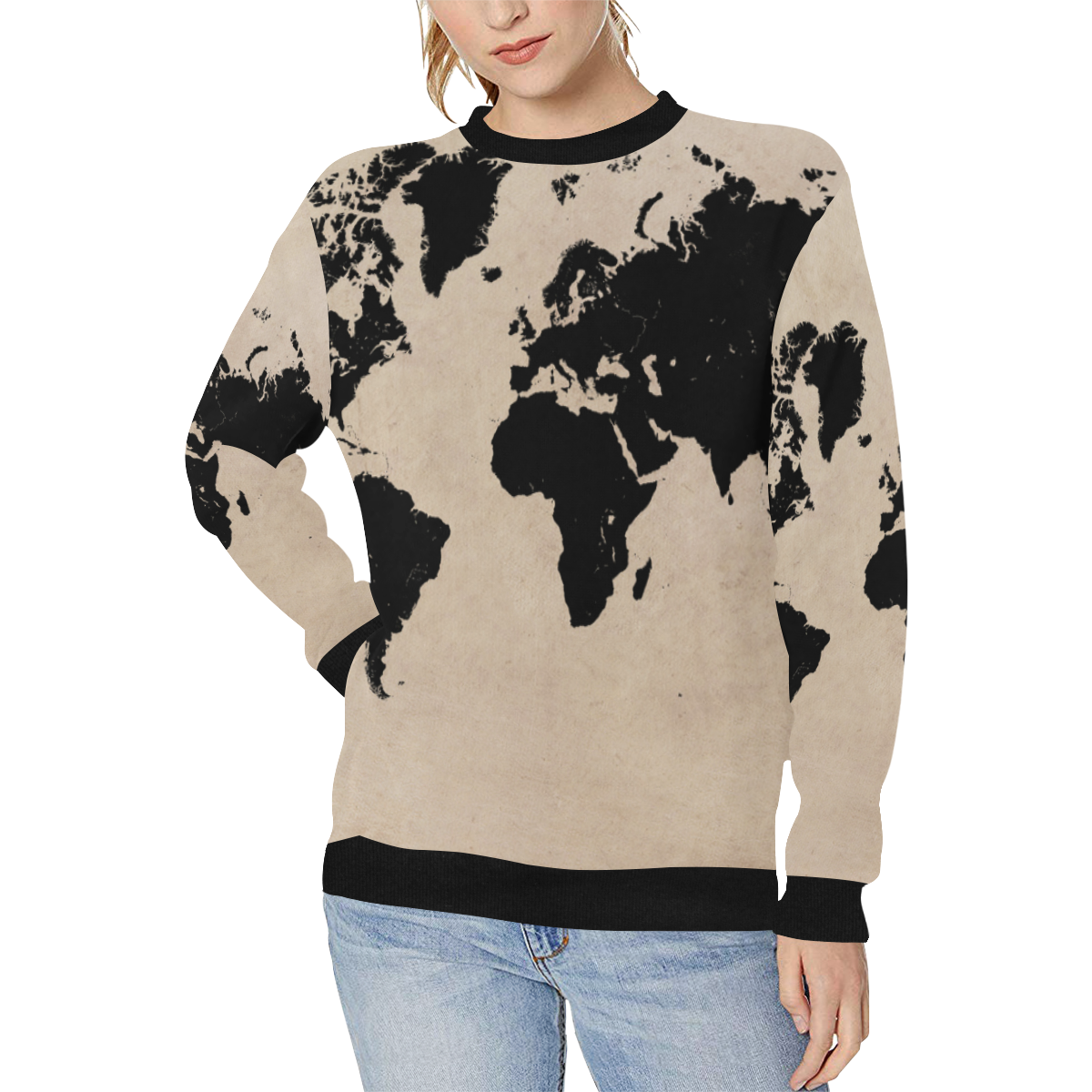 world map Women's Rib Cuff Crew Neck Sweatshirt (Model H34) | ID: D4514351