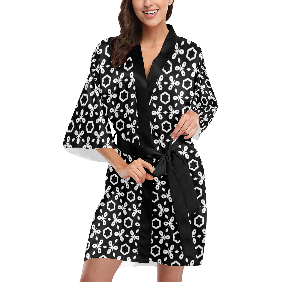 geometric pattern black and white Kimono Robe | ID: D3556668