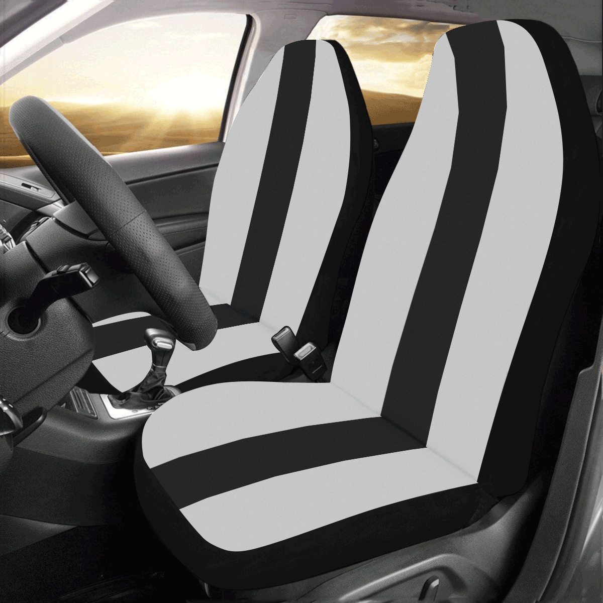 Silver and Black Race Car Stripe Car Seat Covers (Set of 2) | ID: D3867905