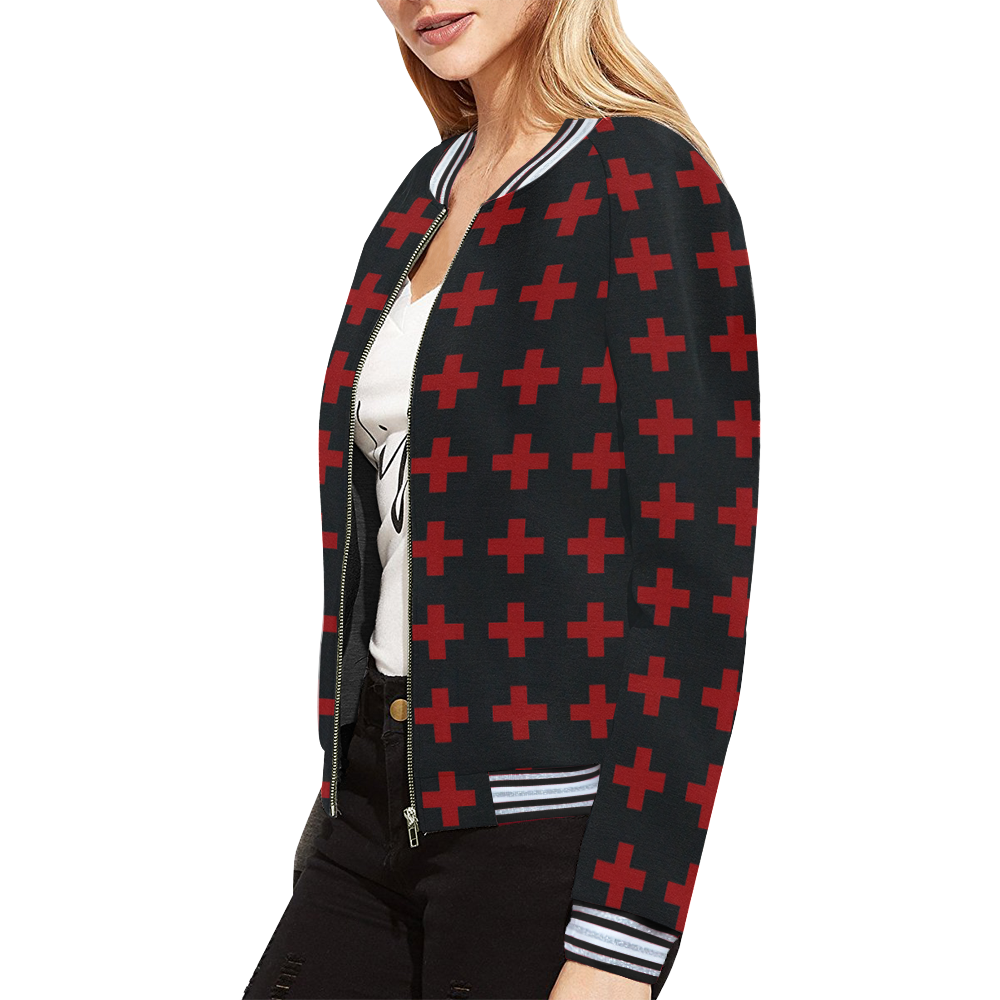 Punk Rock Style Red Crosses Pattern Design All Over Print Bomber Jacket ...