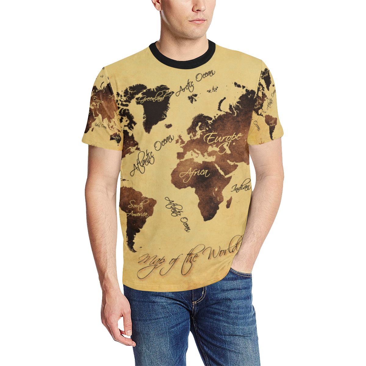 world map #map #worldmap Men's All Over Print T-Shirt (Solid Color Neck ...
