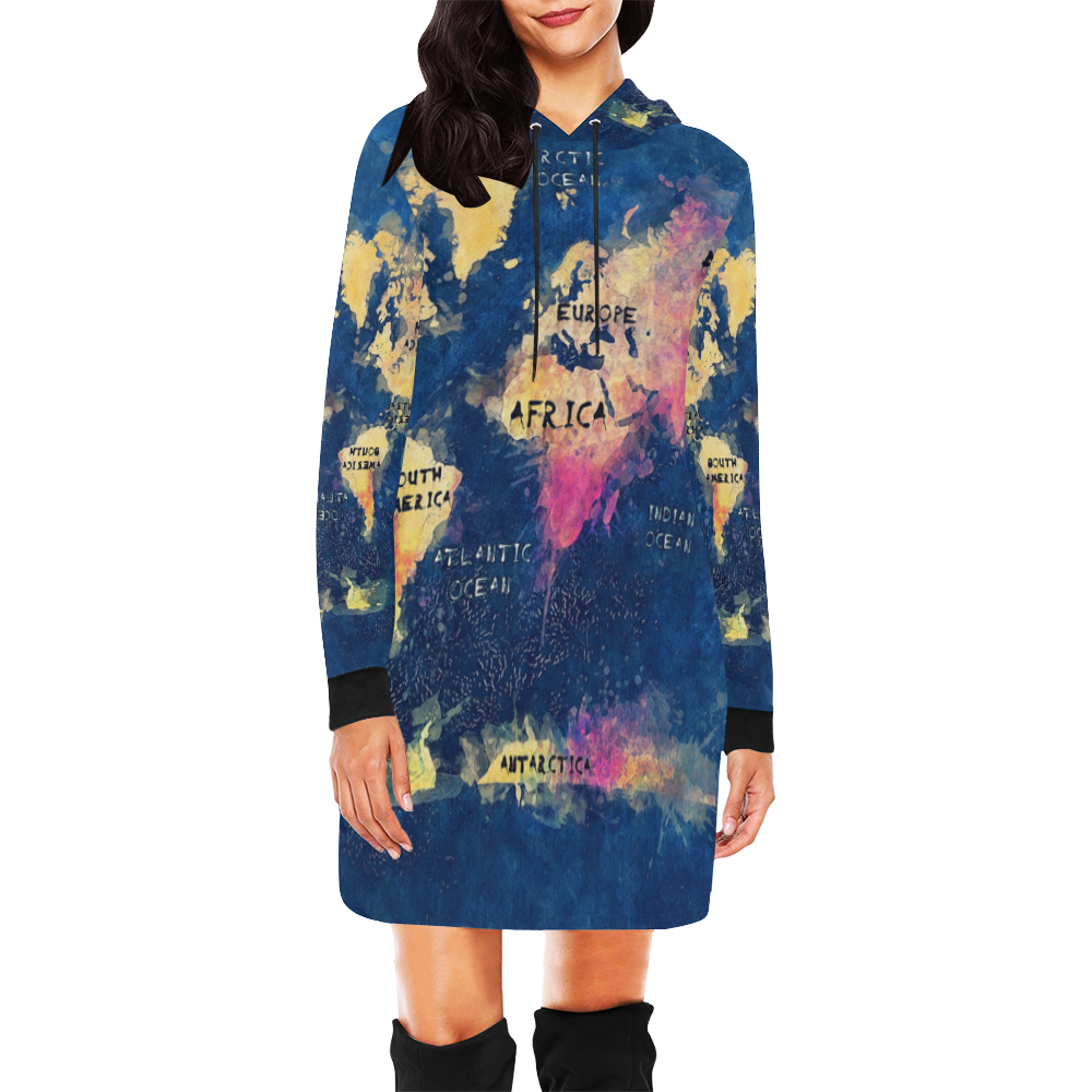 world map oceans and continents All Over Print Hoodie Mini Dress (Model ...