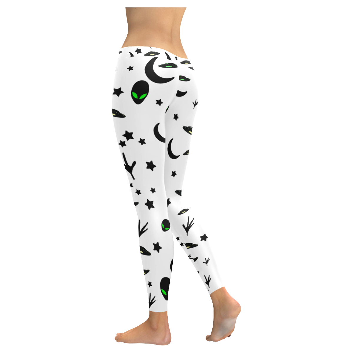 Alien Flying Saucers Stars Pattern on White Women's Low Rise Leggings ...