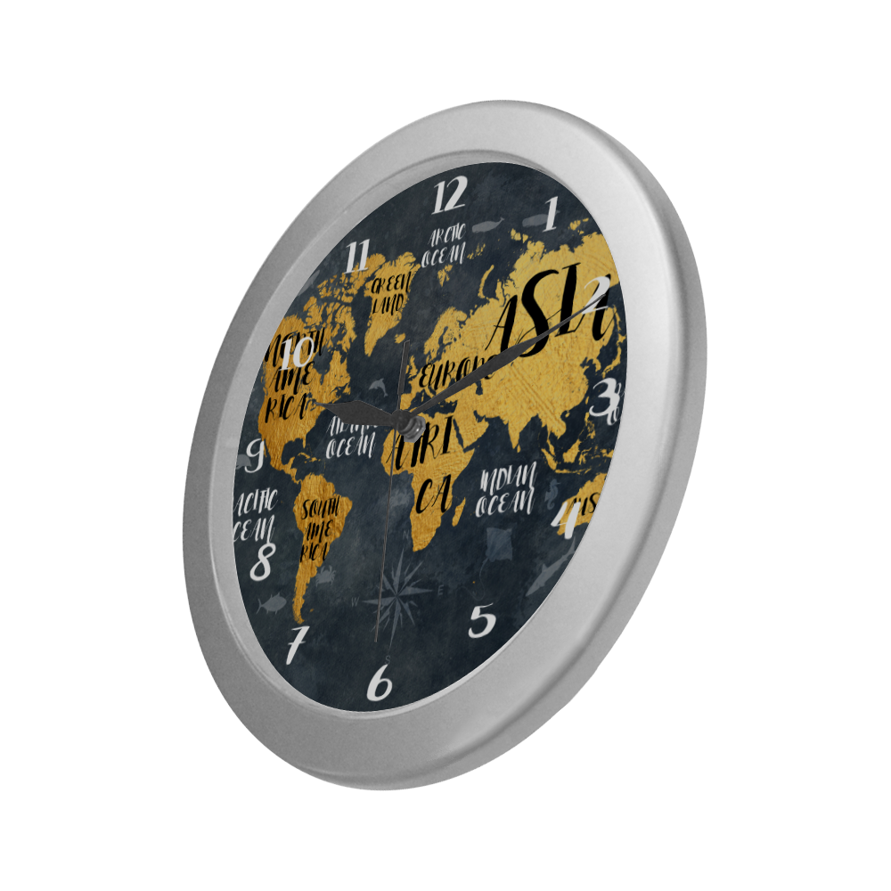 world map watch 3 Silver Color Wall Clock | ID: D2453168