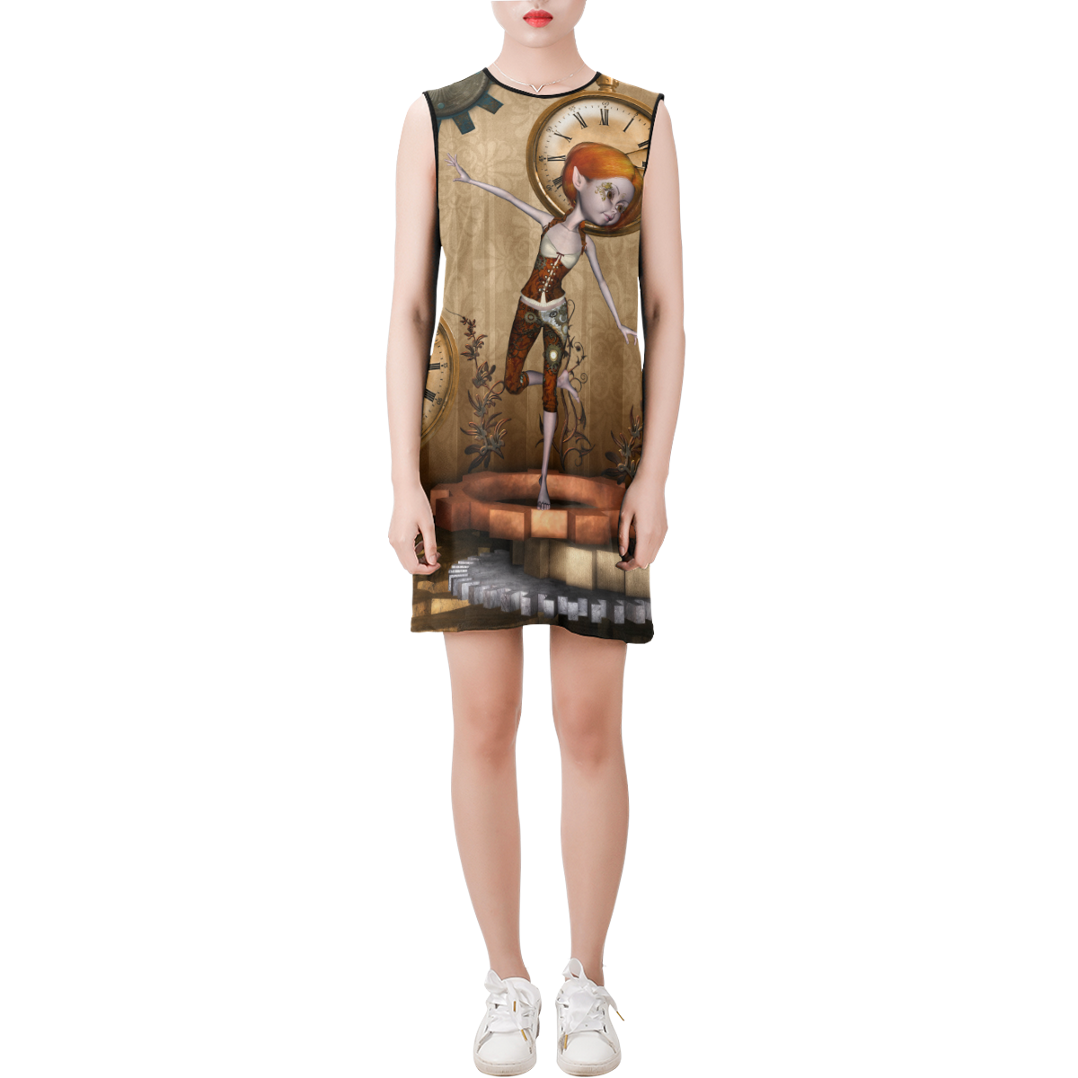 Steampunk girl, clocks and gears Sleeveless Round Neck Shift Dress ...