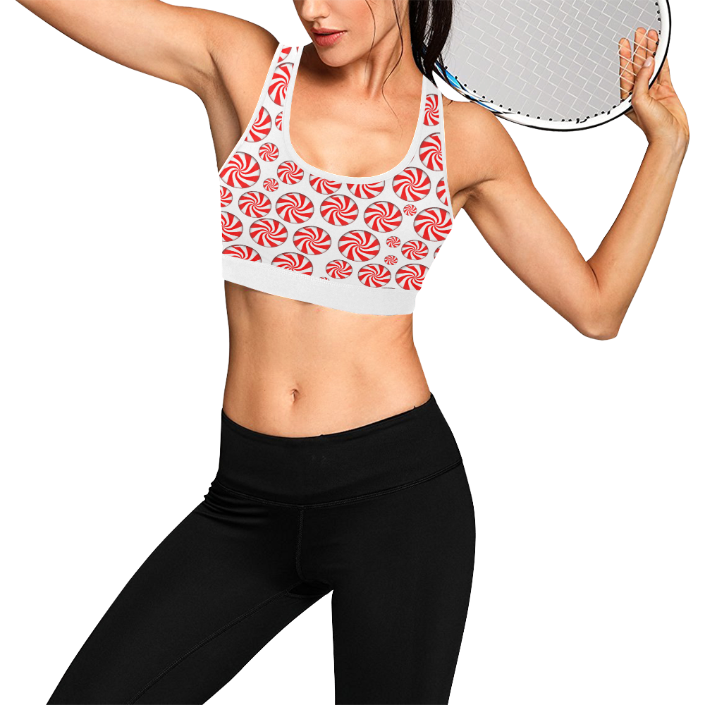 Christmas Peppermint Candy on White Women's All Over Print Sports Bra ...
