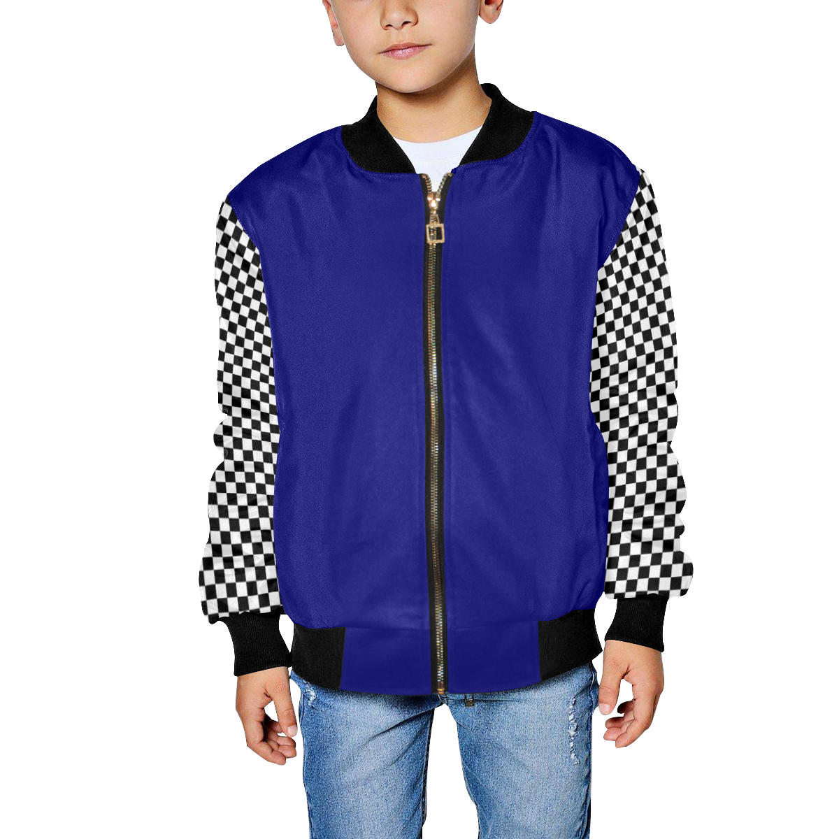 Checkerboard Black and White / Blue Kids' All Over Print Bomber Jacket ...