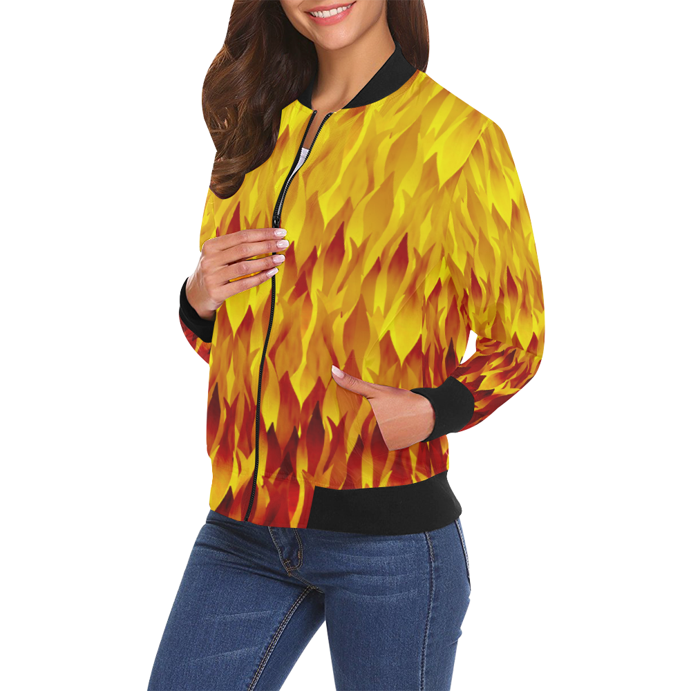 Hot Fire and Flames Illustration All Over Print Bomber Jacket for Women ...