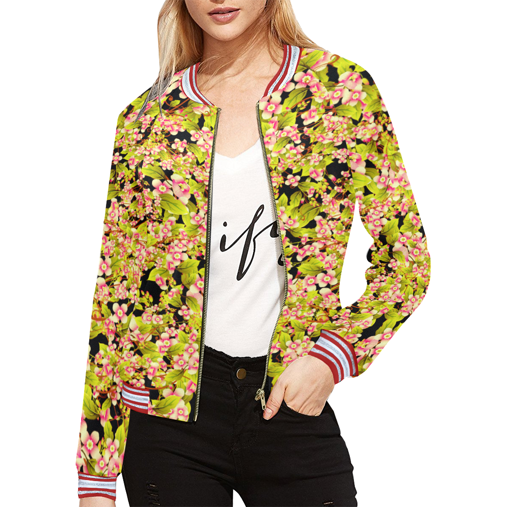 Flower Pattern All Over Print Bomber Jacket for Women (Model H21) | ID ...