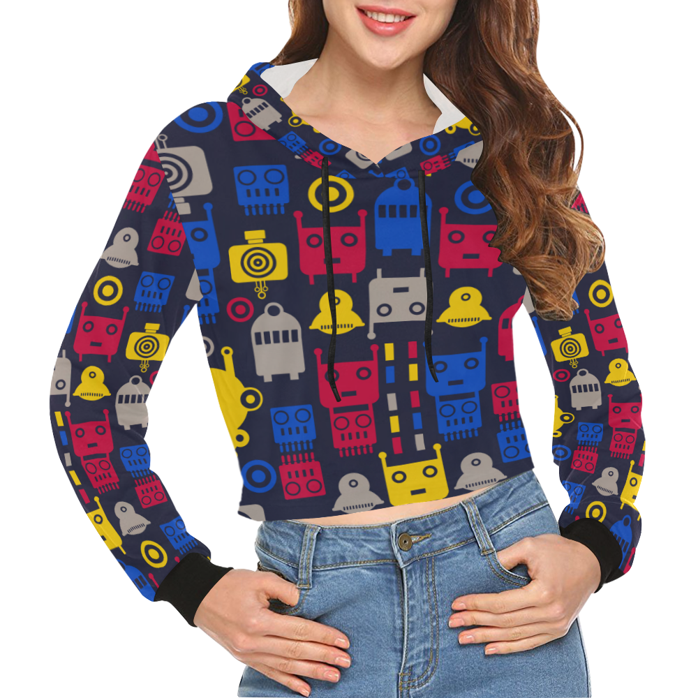Cartoon Robots All Over Print Crop Hoodie for Women (Model H22) | ID ...