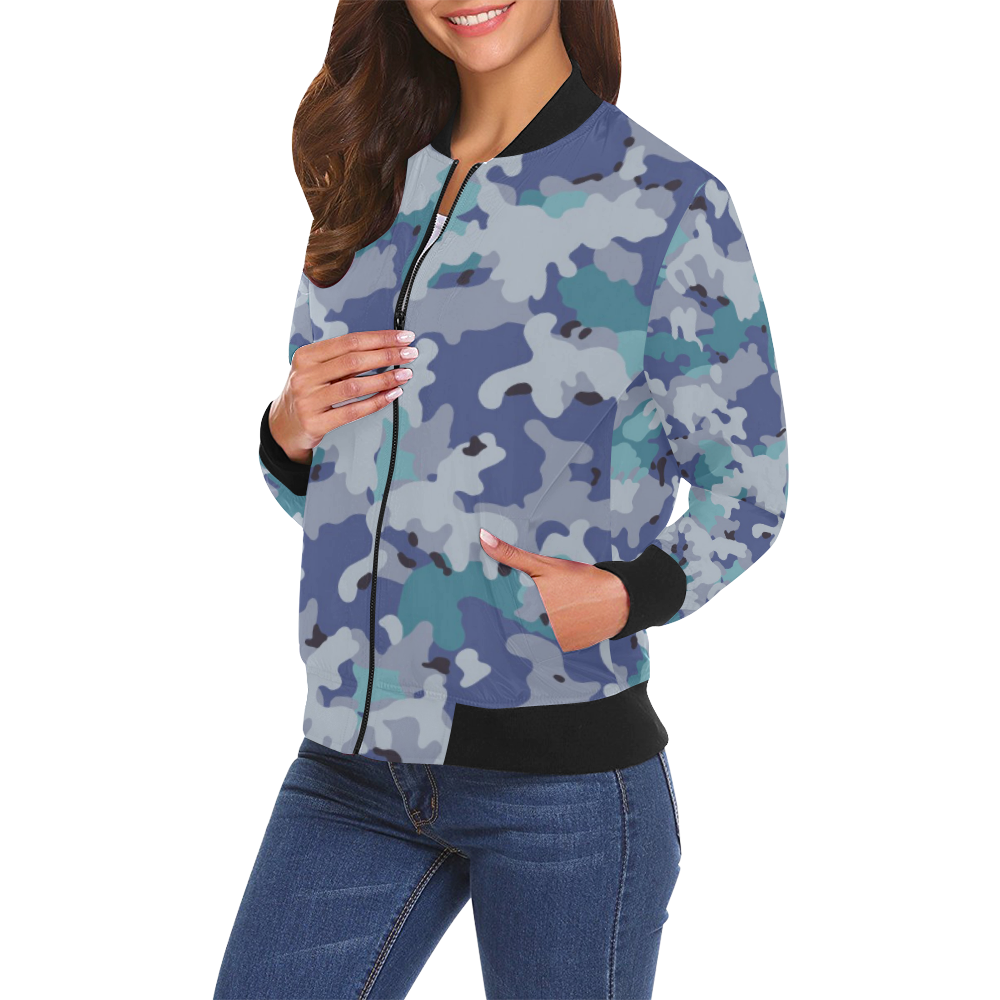CAMOUFLAGE-BLUE All Over Print Bomber Jacket for Women (Model H19) | ID ...