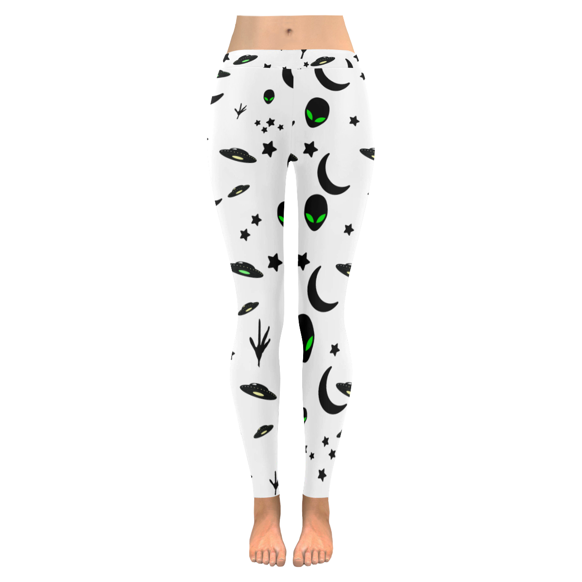 Alien Flying Saucers Stars Pattern on White Women's Low Rise Leggings ...