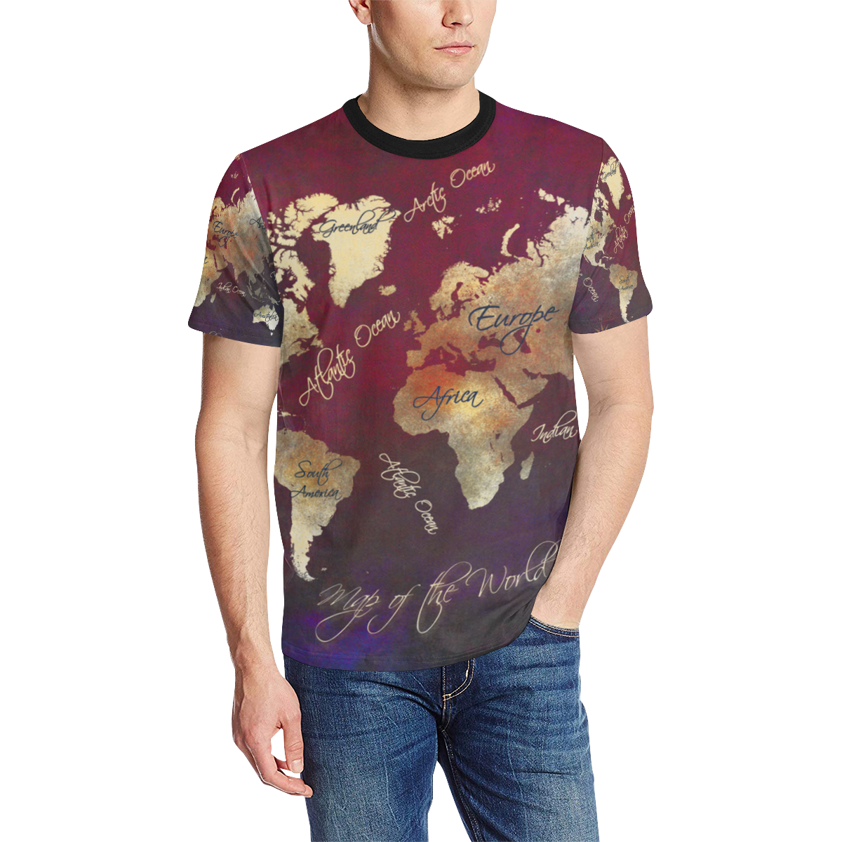 world map #map #worldmap Men's All Over Print T-Shirt (Solid Color Neck ...