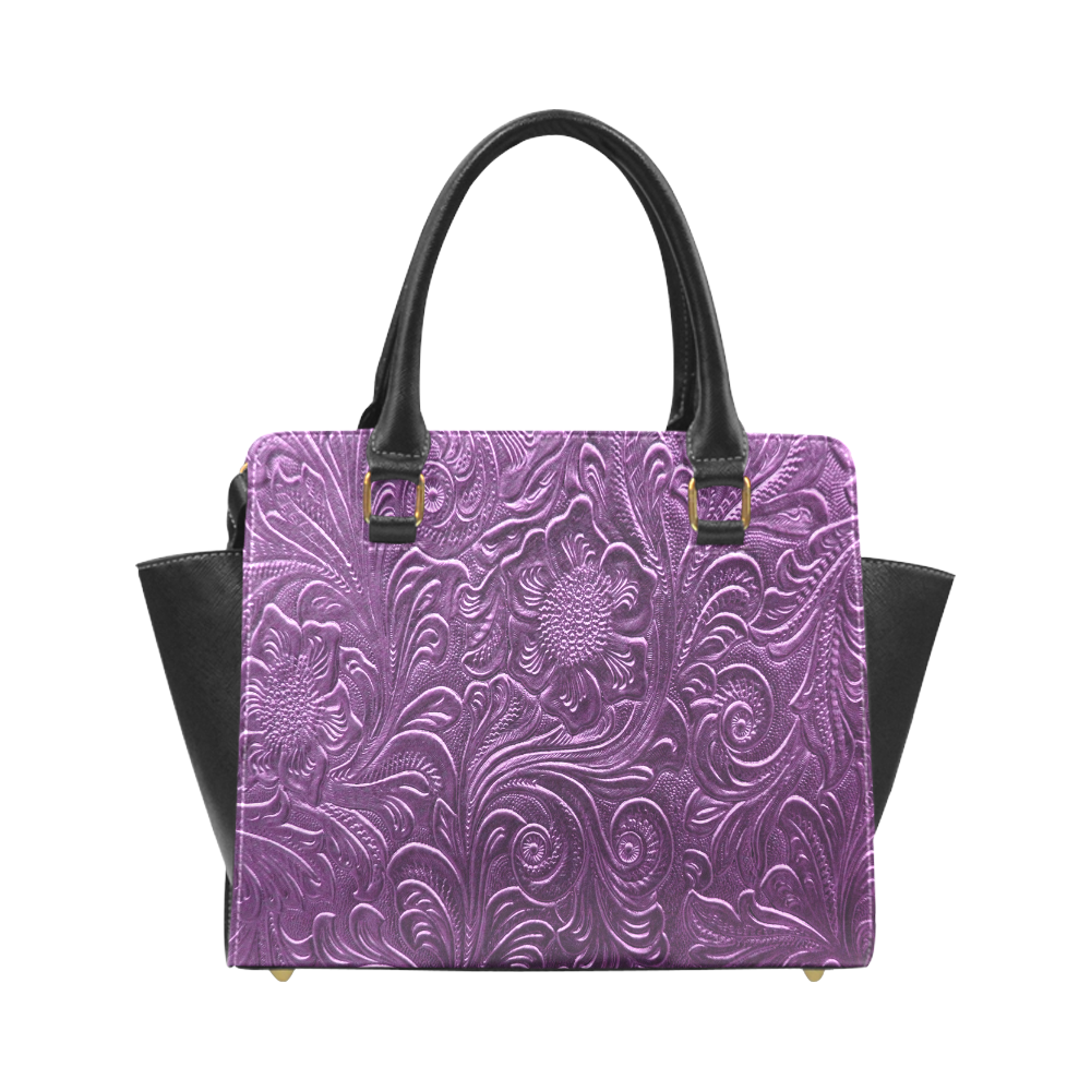 Embossed Purple Flowers Rivet Shoulder Handbag (Model 1645) | ID: D2435143