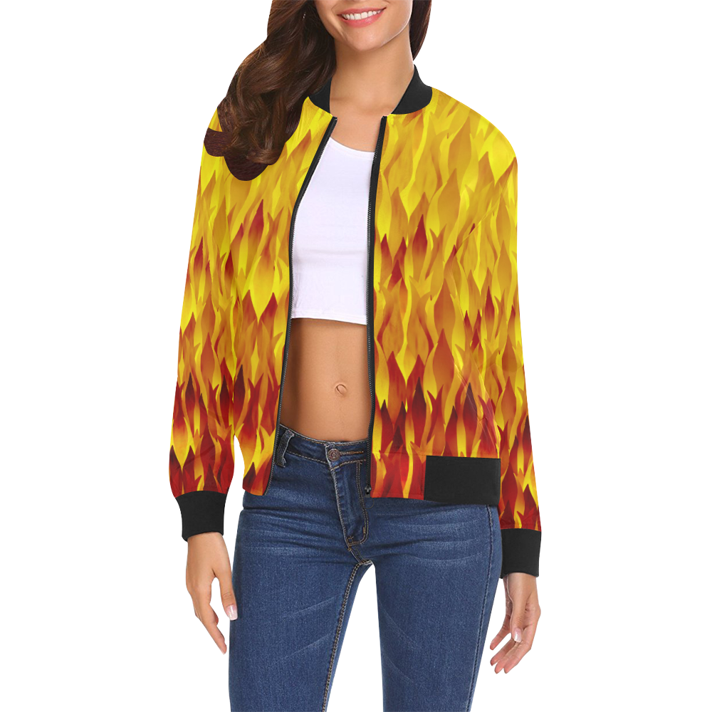 Hot Fire and Flames Illustration All Over Print Bomber Jacket for Women ...