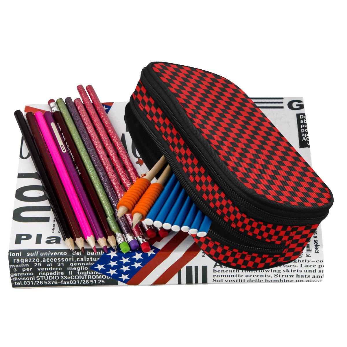 Checkerboard Black And Red Pencil Pouch/Large (Model 1680) | ID: D3767204