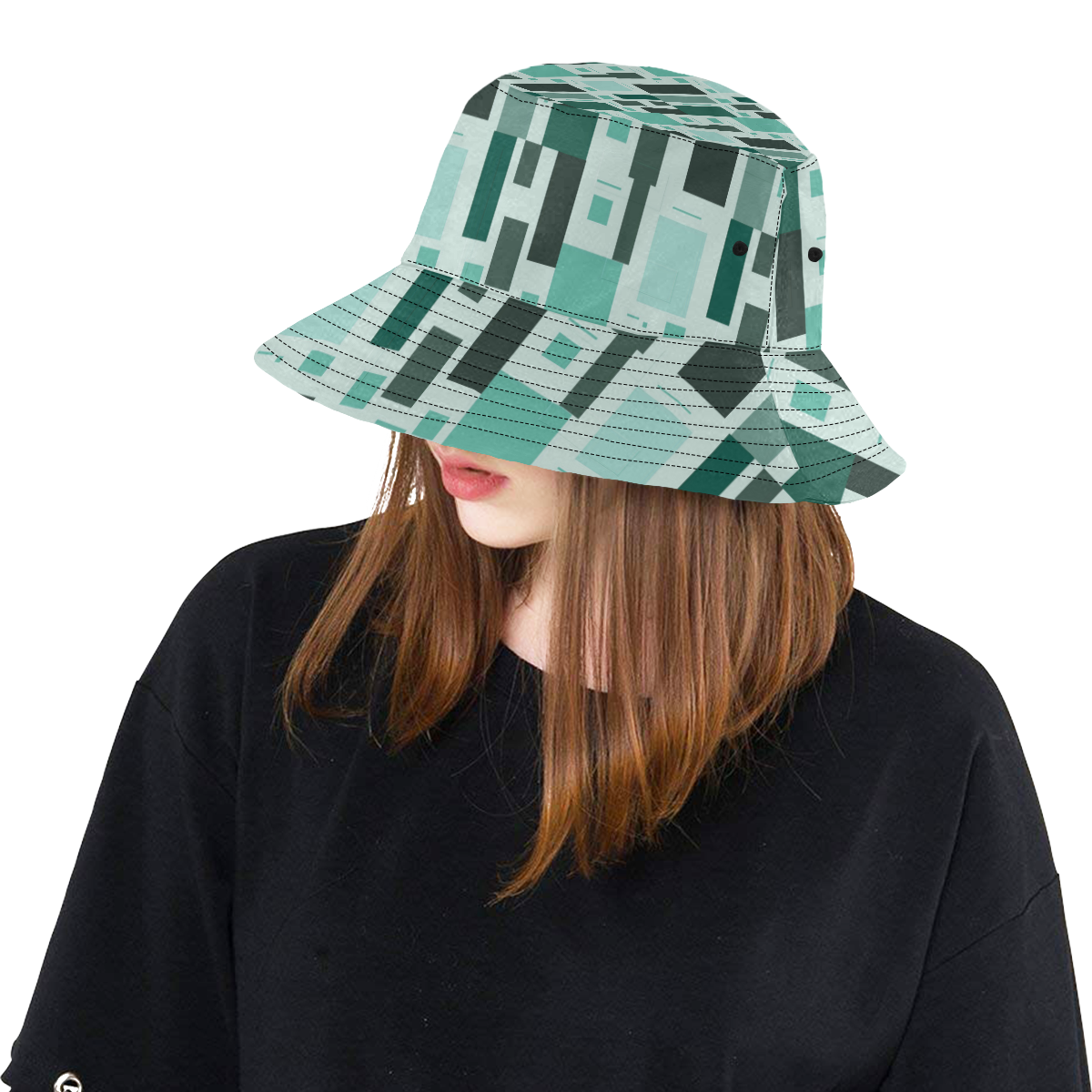 Abstract Green Squares All Over Print Bucket Hat | ID: D3114512